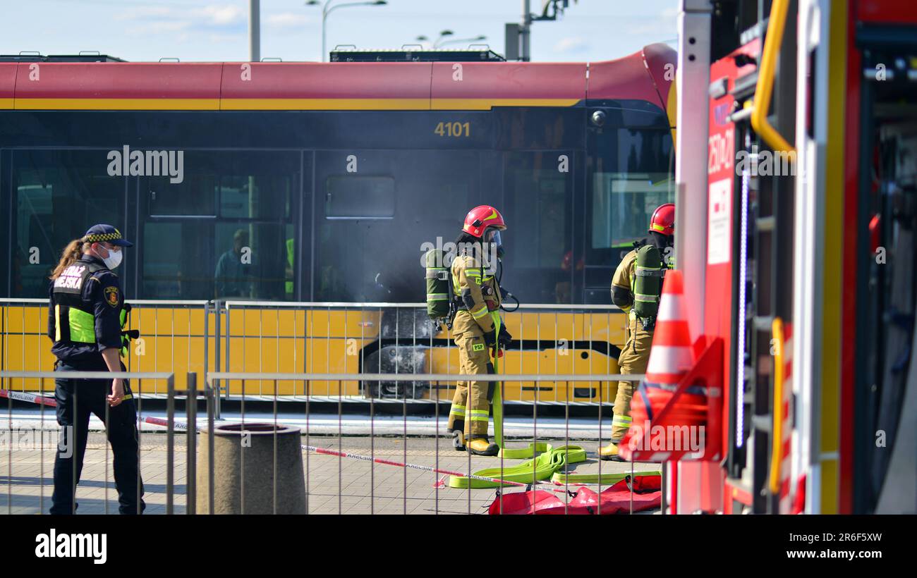 Warsaw, Poland. 4 June 2023. Firemen and burnt tram transport. Fire ...