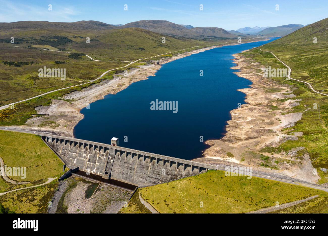 Garve, Scotland, UK. 9th June 2023. An aerial view of Glascarnoch Dam ...