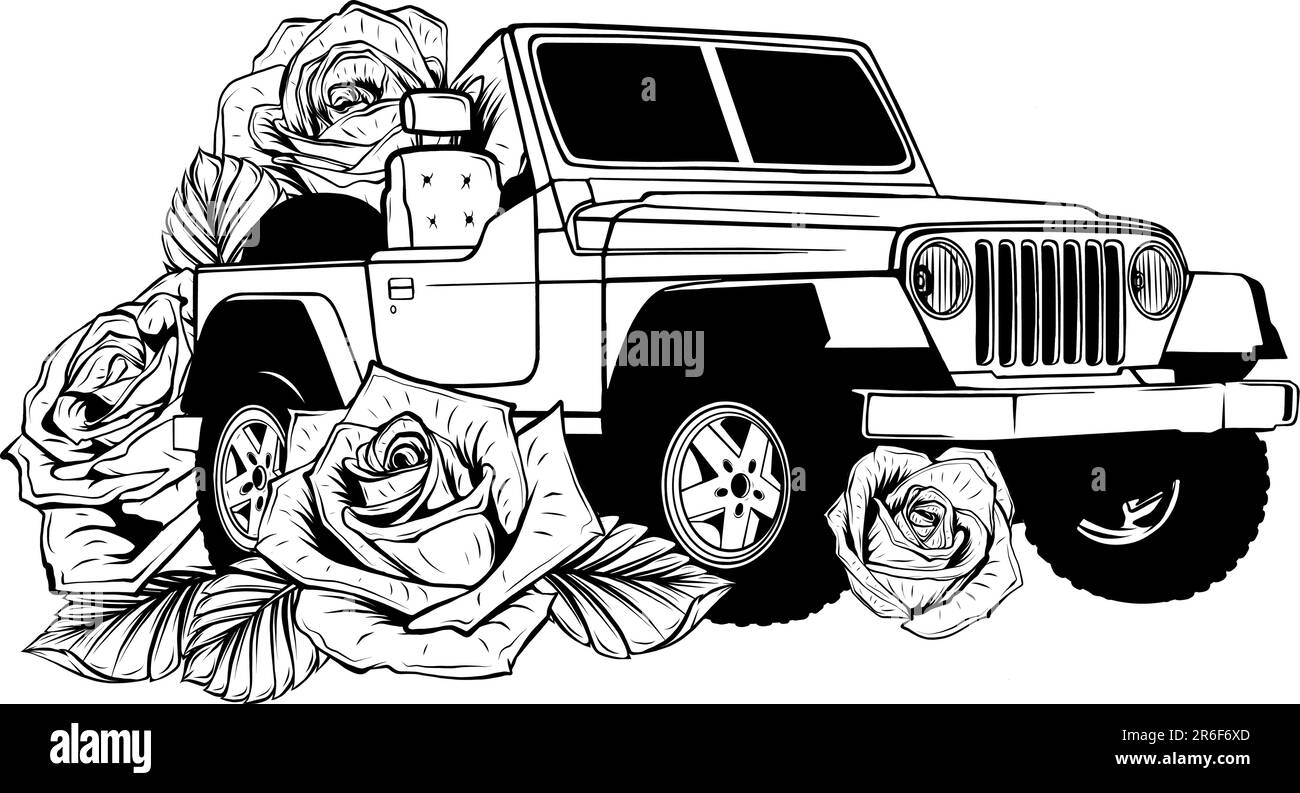 Vector Illustration Of Monochrome Off Road Car With Roses Stock Vector Image And Art Alamy