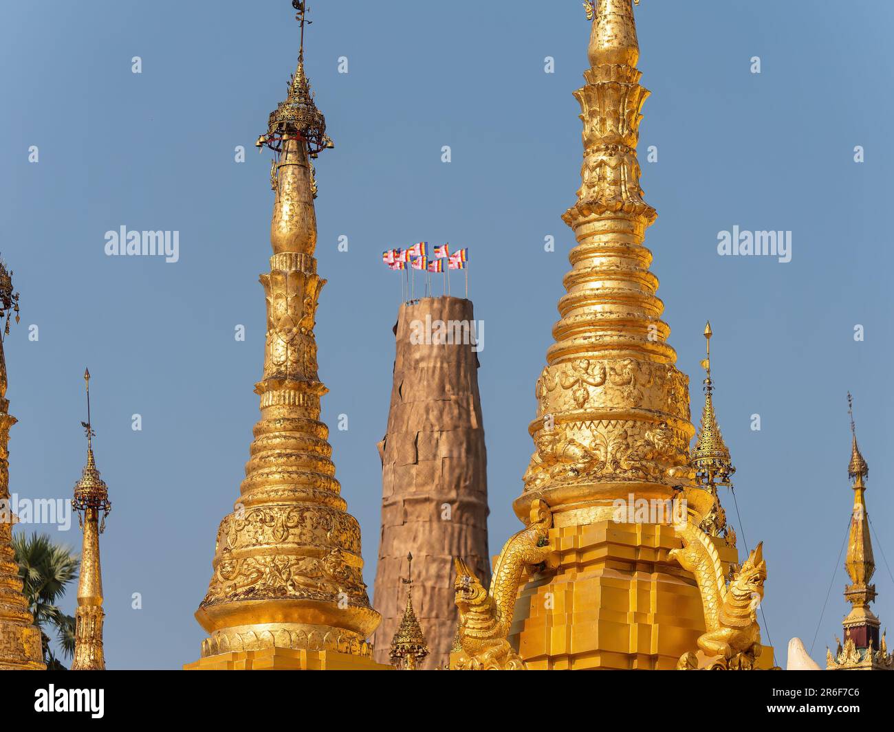 Detail of the Shwedagon Pagoda, the most famous landmark of Yangon ...