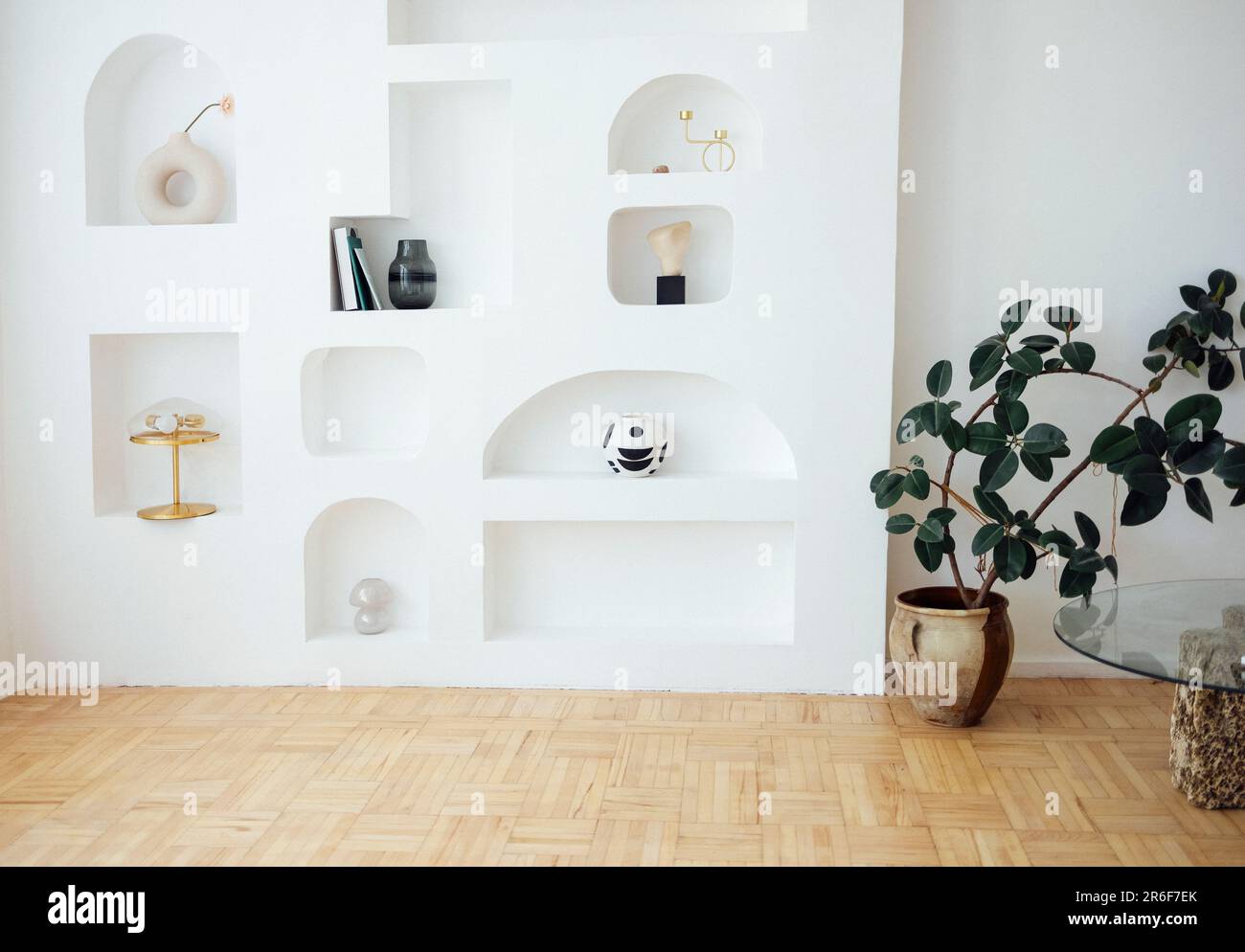 Modern bright interior of living room with white wall and niches. Light ...