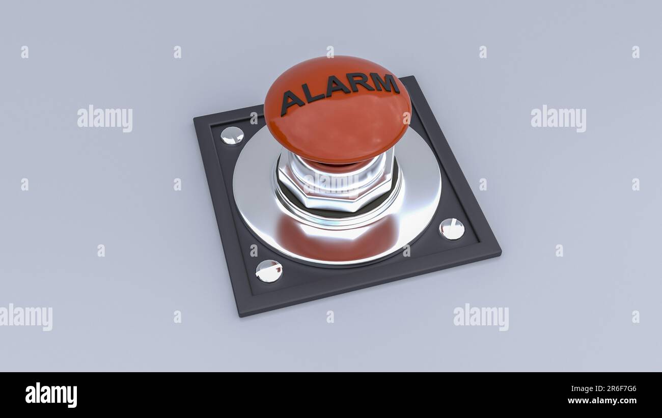 3D render: Red button with the inscription ALARM on a plain background ...