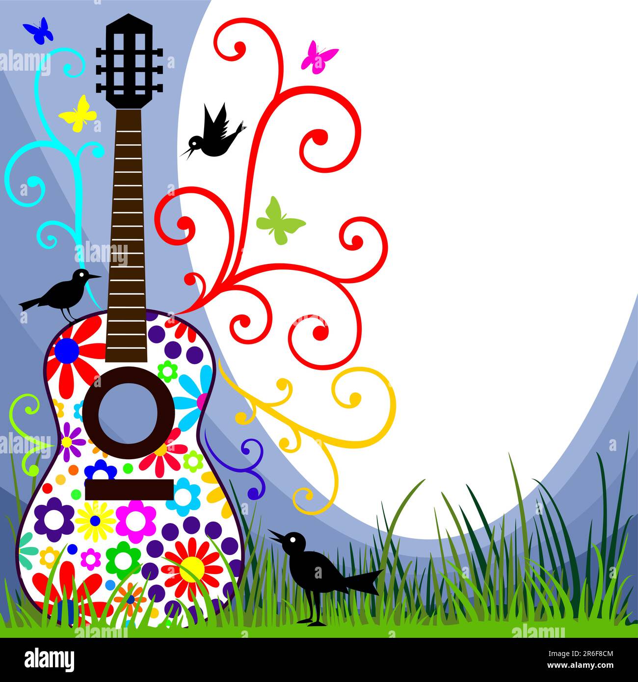 Guitar with flower design, in the meadow with birds and flying ...