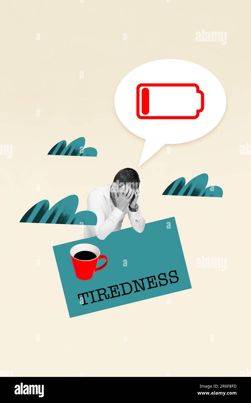 Vertical collage picture of black white colors guy coffee cup low ...