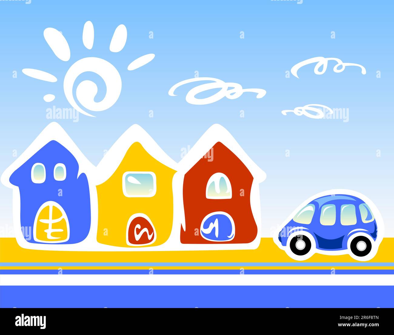Three cartoon houses and the car on a blue background Stock Vector ...