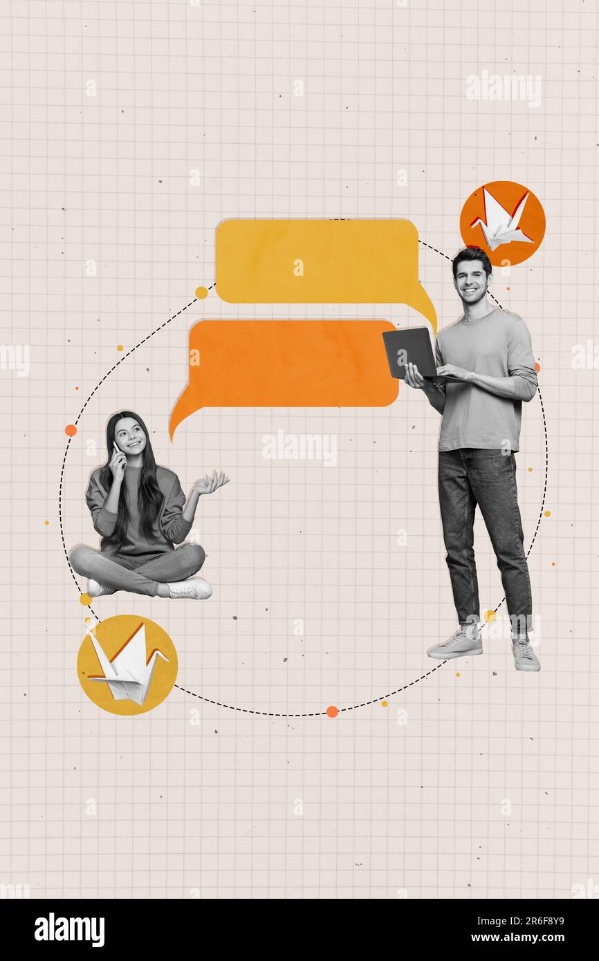 Vertical design collage picture of young couple friends partners ...