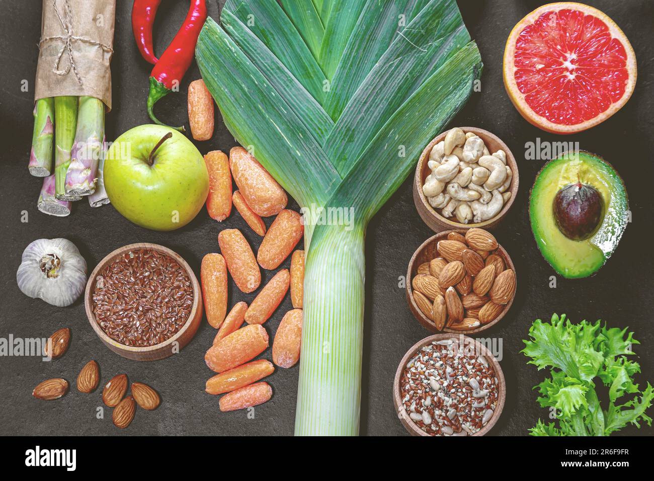 An overhead view of a fresh produce display featuring a variety of ...