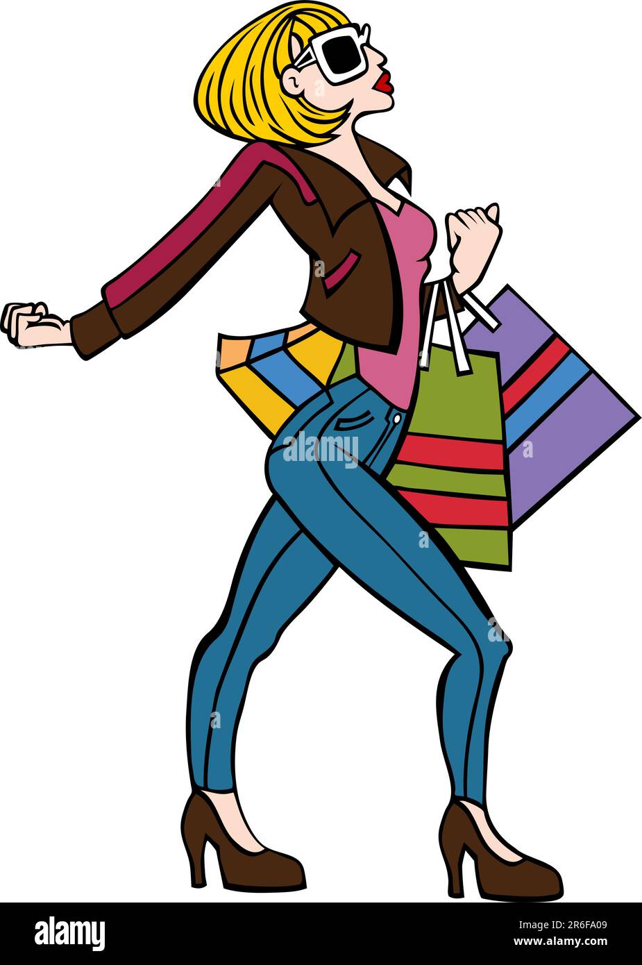 Cartoon of a fashionable woman walking with attitude holding shopping ...