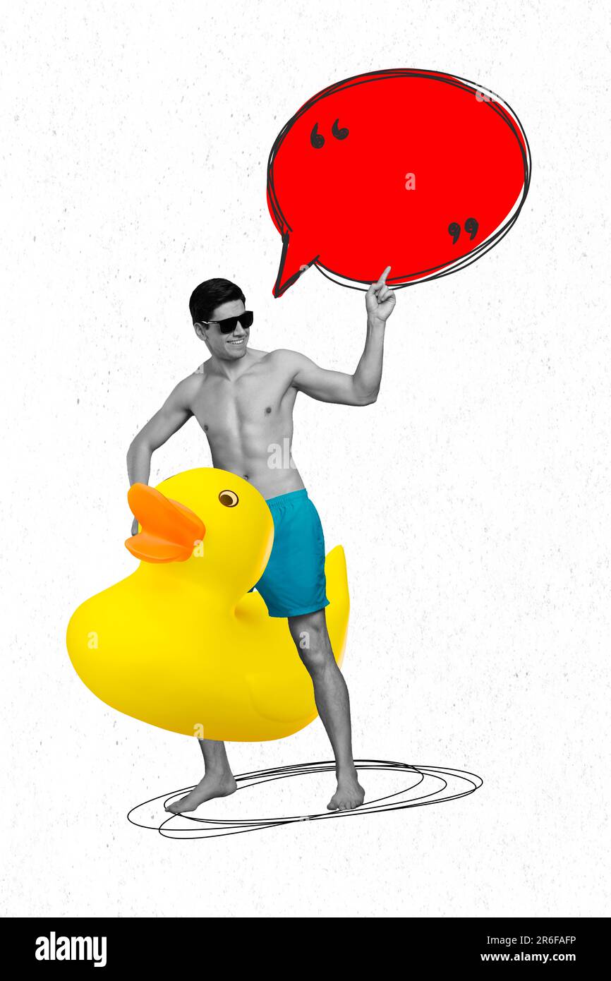 Collage minimal picture of funky guy riding duck announcing empty space ...