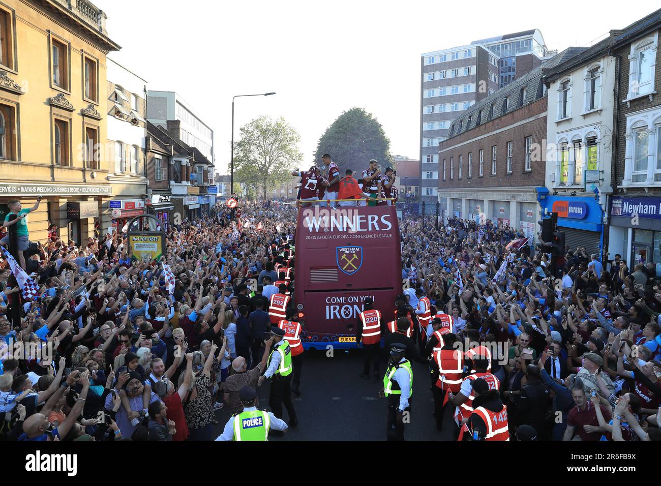 West Ham United players celebrate during an open top bus parade ...