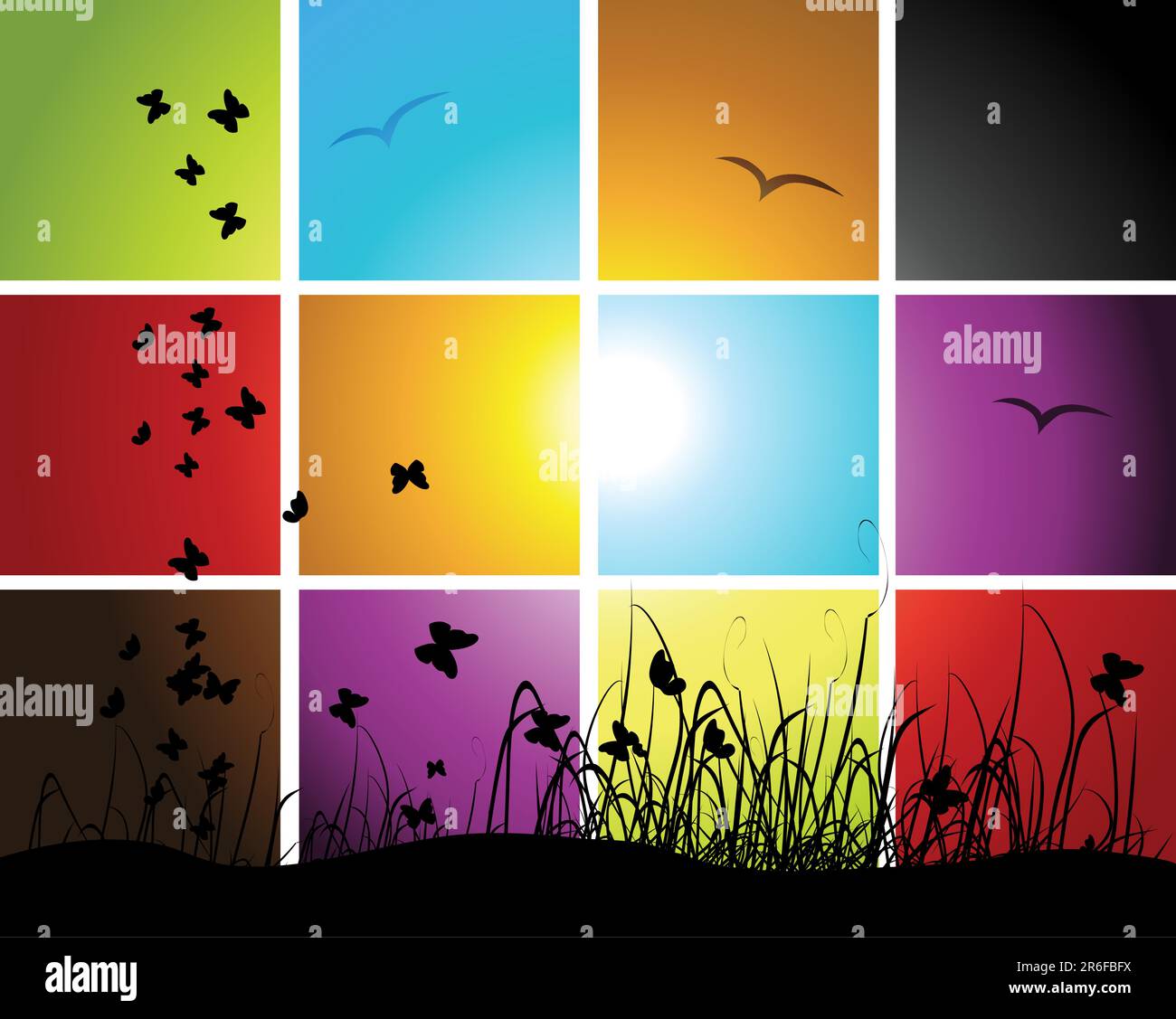 Times of day, sunset on meadow, mosaic background for your design Stock ...