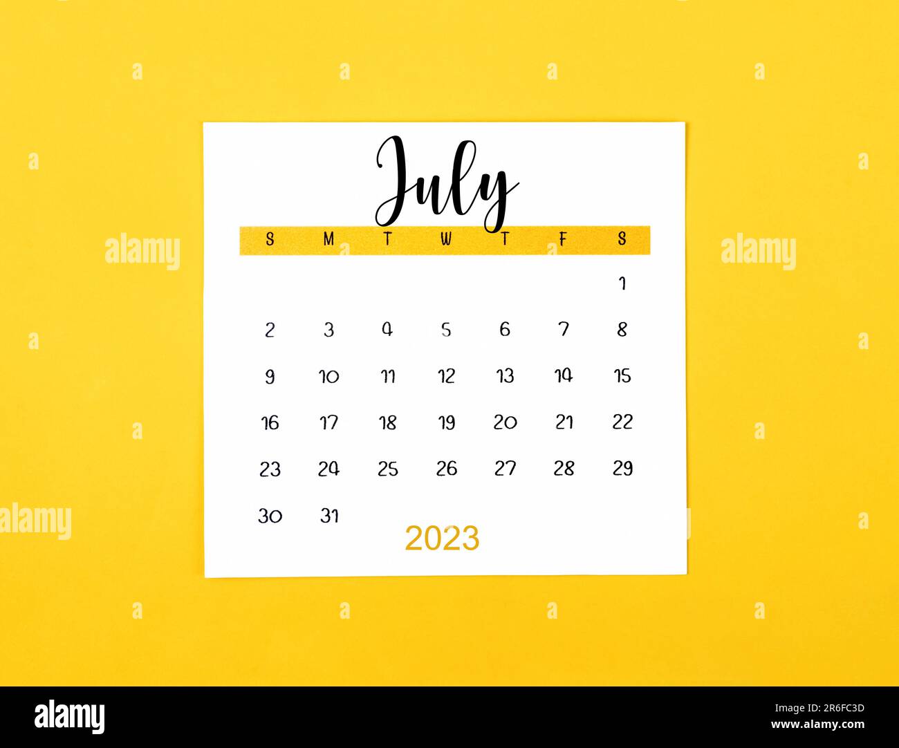 July 2023 Monthly calendar for 2023 year on yellow background Stock ...