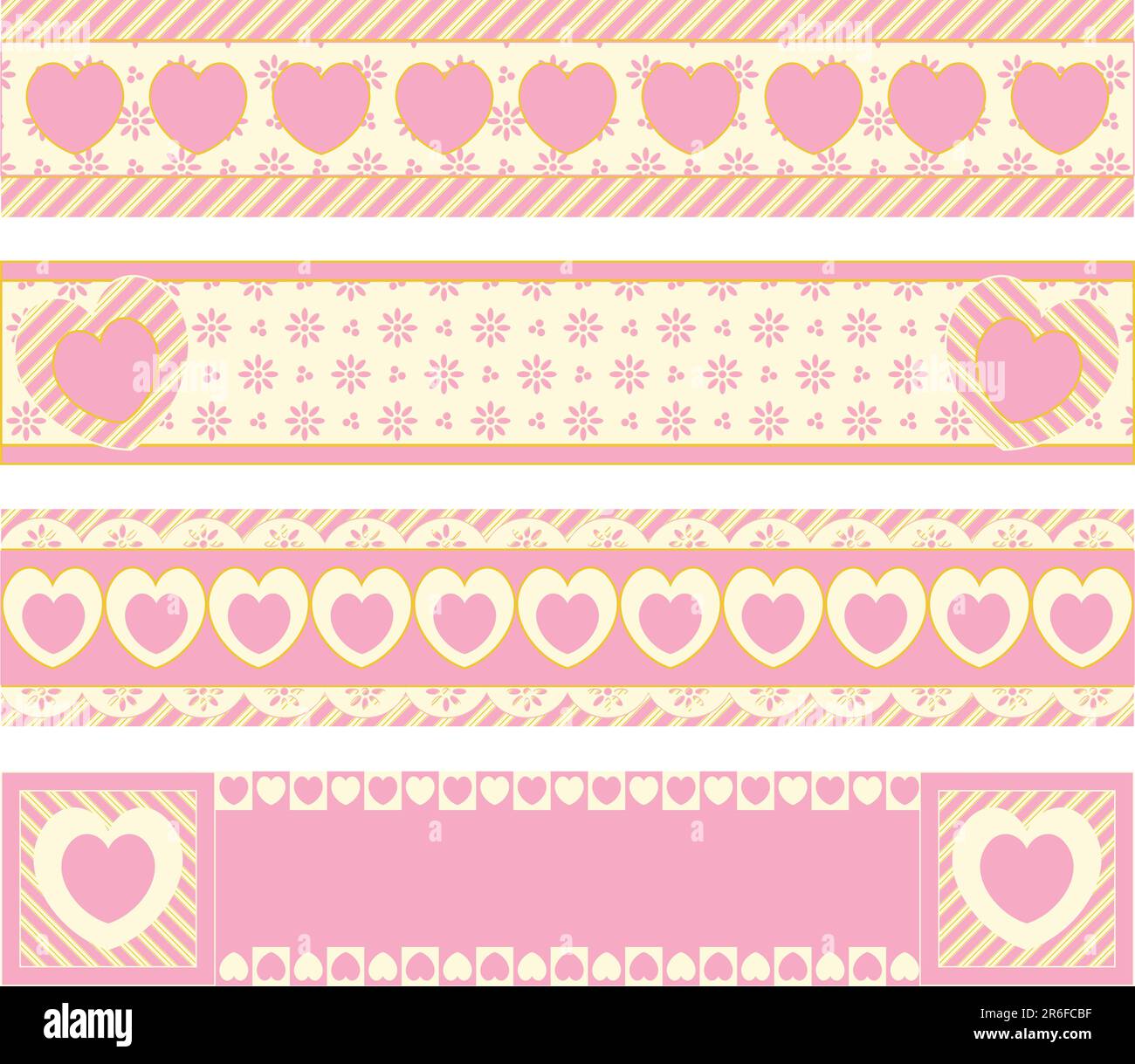 Four vector borders with Victorian eyelet hearts and stripes in pink ...