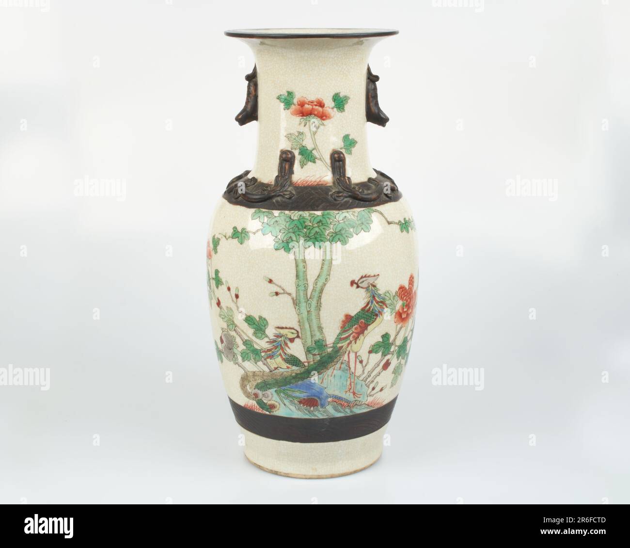 Antique 1900s Chinese phoenix Famille Rose crackle ware porcelain vase ...
