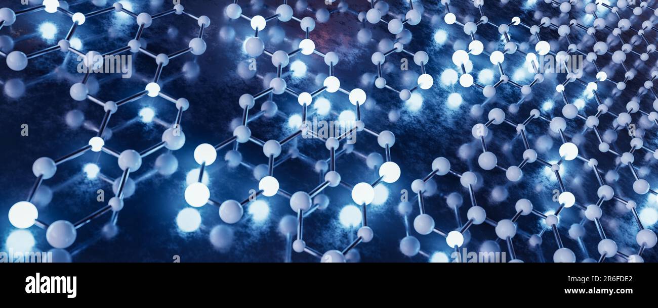 Atoms molecules bonds abstraction bubbles blue background. Graphene ...