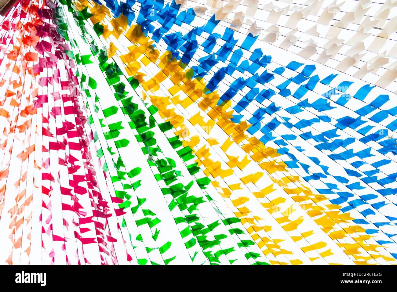 Colorful decoration with flags for the feast of Sao Joao in the city of ...