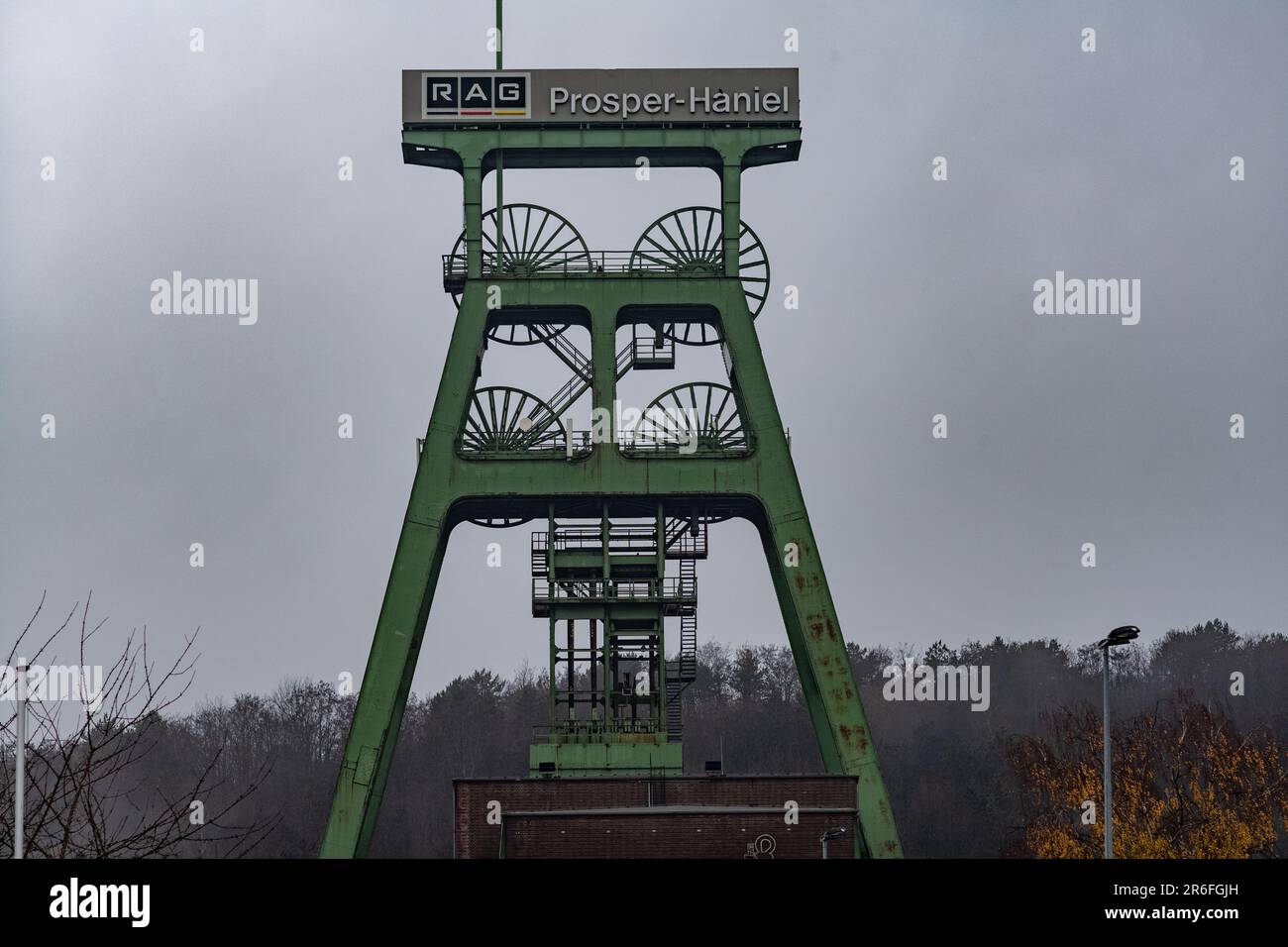 A Shaft tower of the last German coal mine in Bottrop with a bustling ...