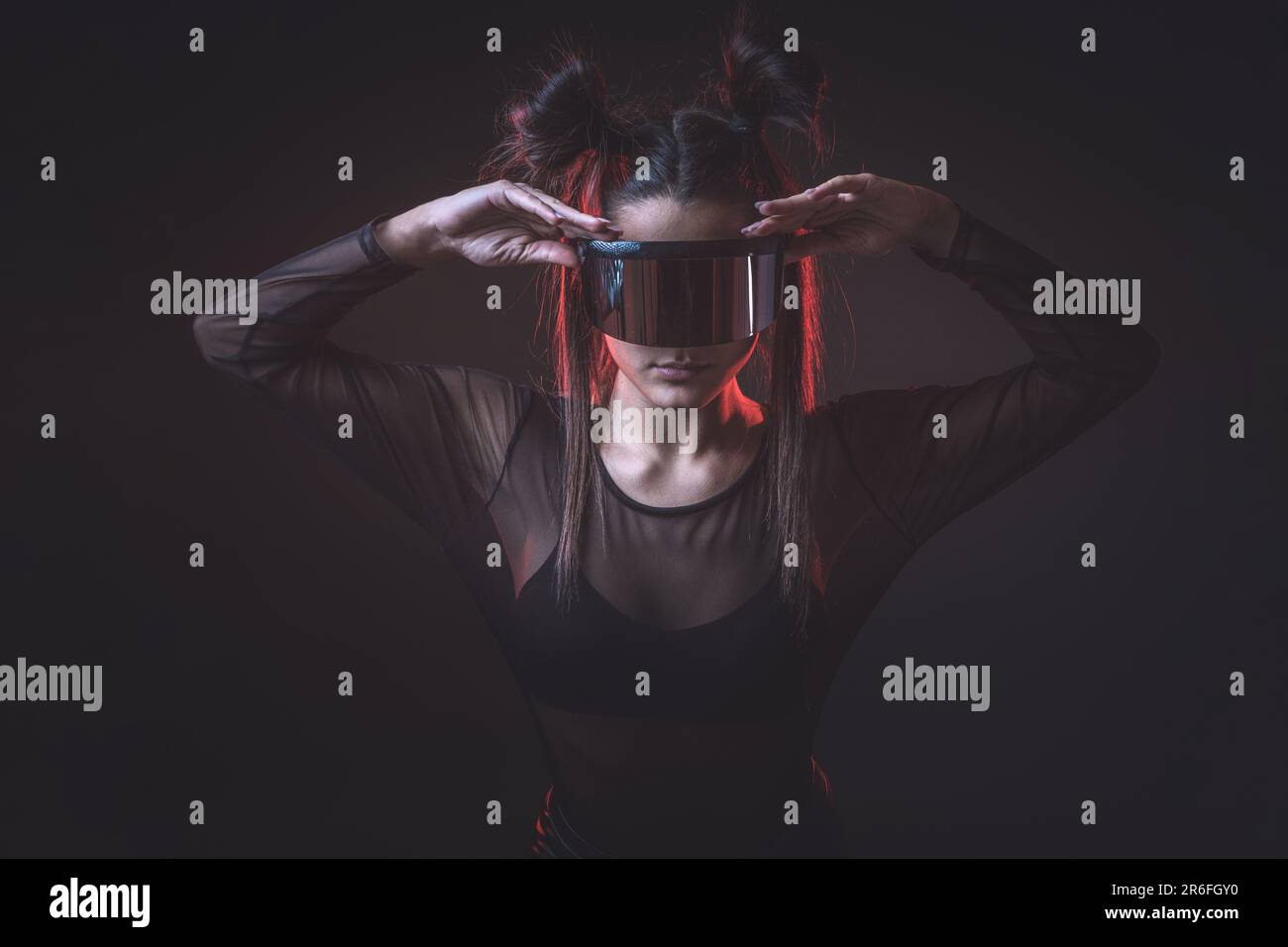 Portrait of beautiful cyber model woman posing wearing futuristic ...