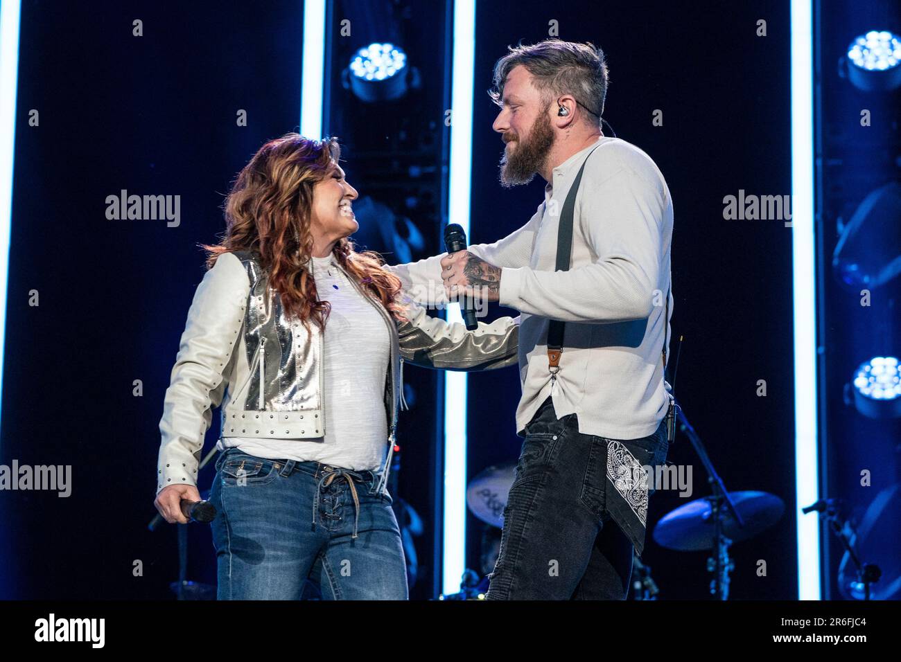 Jo Dee Messina, left, and Ben Fuller perform during the 2023 CMA Fest on Thursday, June 8, 2023 ...