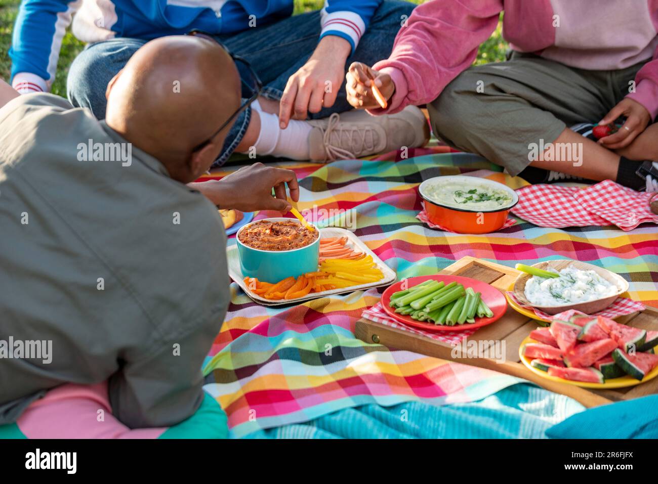 people having good time at a picnic with many vegan plates Stock Photo ...