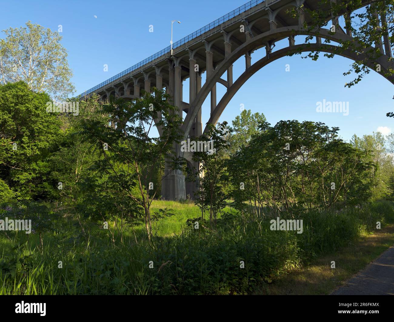 The Ohio Route 82 bridge, with its stately arches, spans the Cuyahoga ...