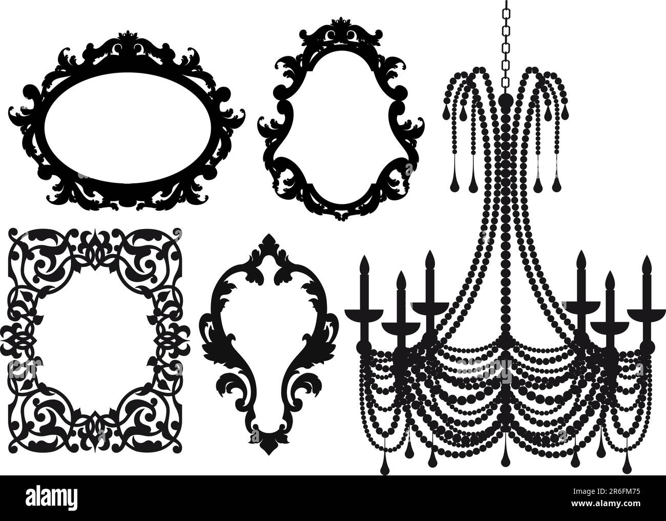 antique picture frames and crystal chandelier silhouette, vector Stock ...