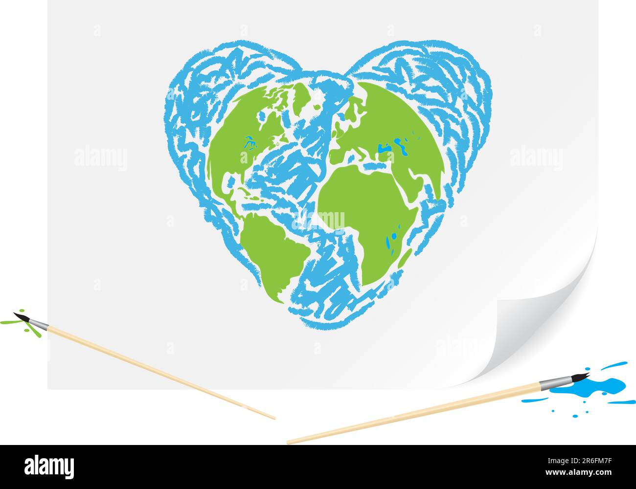 Children drawing a green earth heart a brush paints on a paper Stock ...
