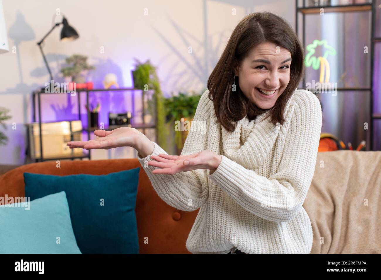 Woman raising hands asking what why reason of failure, demonstrating ...