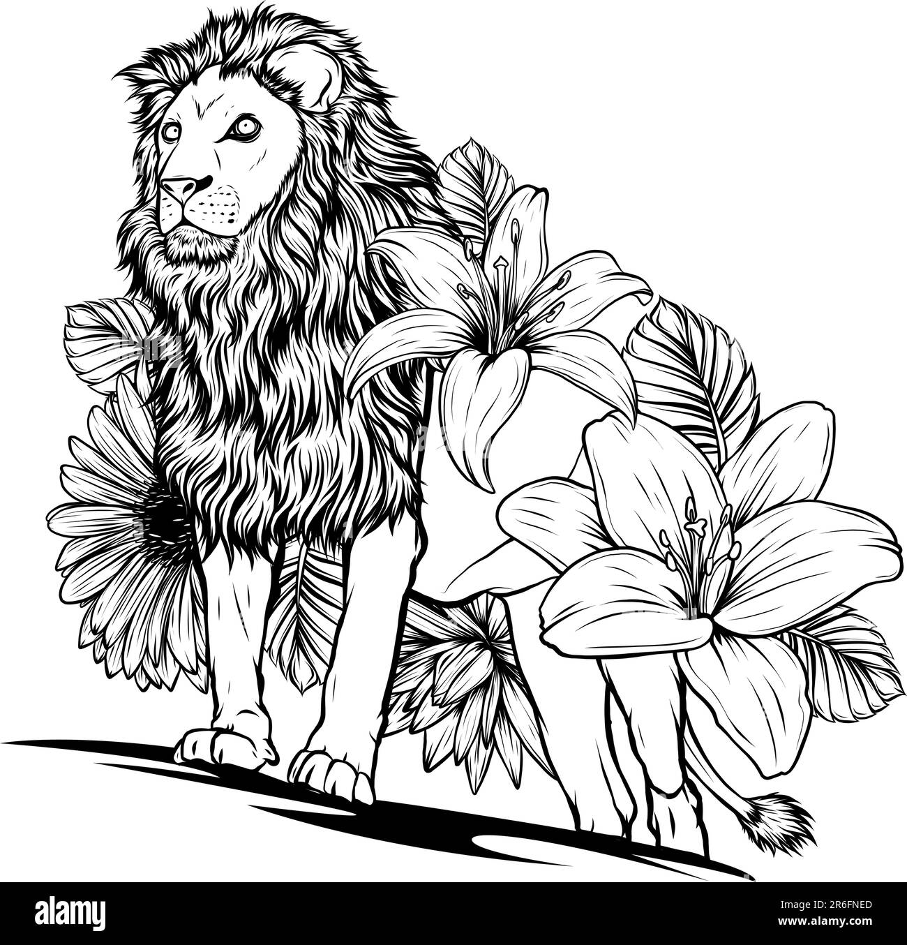 vector illustration of monochrome lion with flower on white background ...