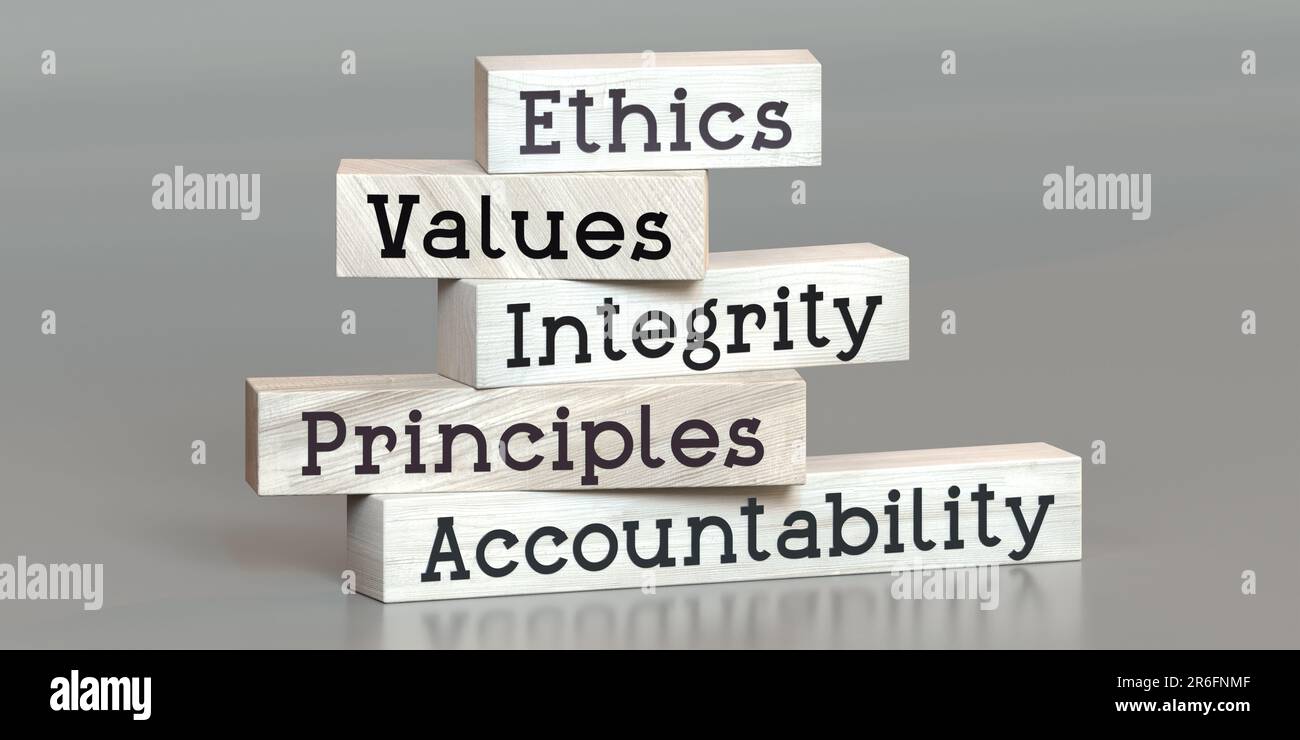 Ethics, values, integrity, principles, accountability - words on wooden ...