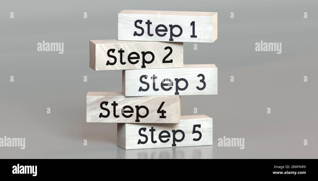 Step 1, 2, 3, 4, 5 - words on wooden blocks - 3D illustration Stock ...