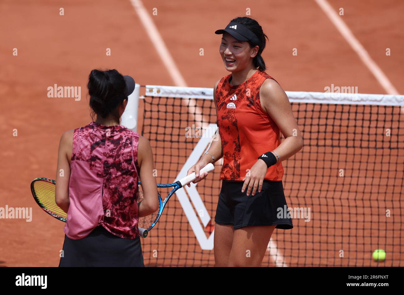 Paris, France. 9th June, 2023. Wang Xinyu (R)/Hsieh Su-Wei celebrate after winning the women's ...