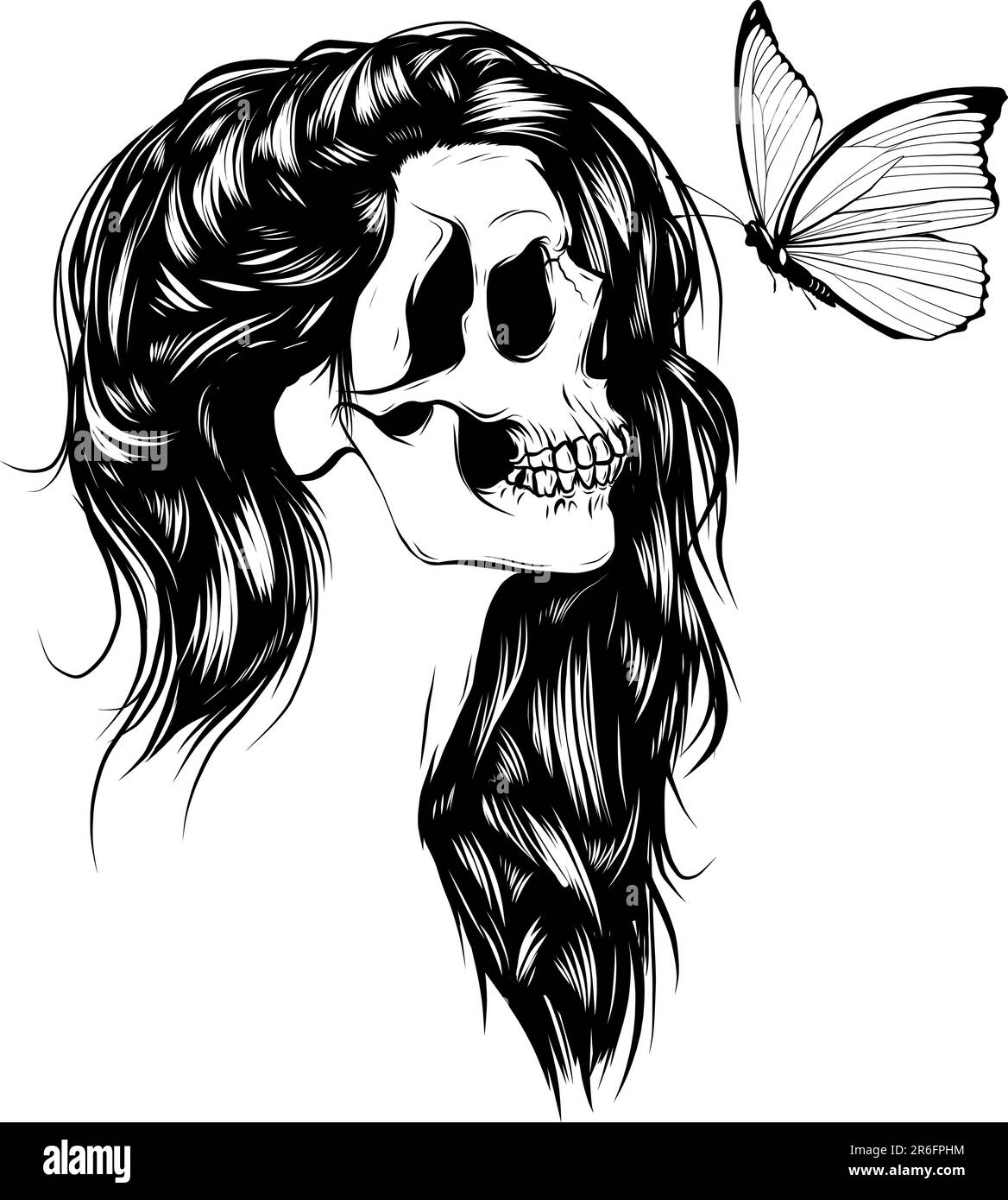 monochrome woman skull with butterfly vector illustration Stock Vector ...