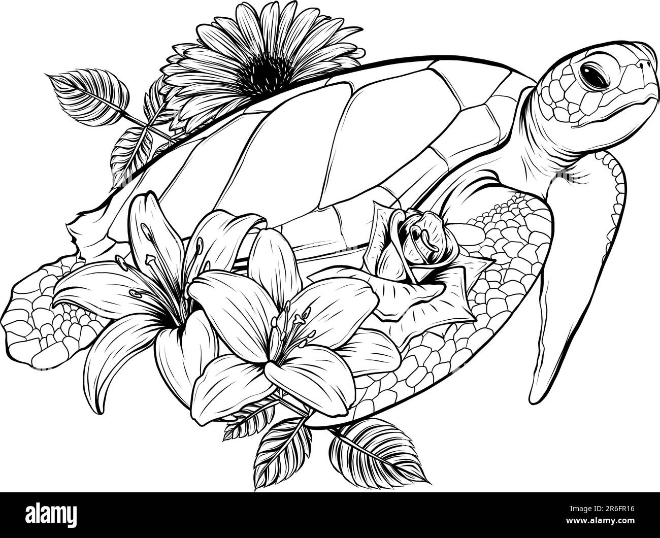 vector illustration of monochrome sea turtle with flower on white ...