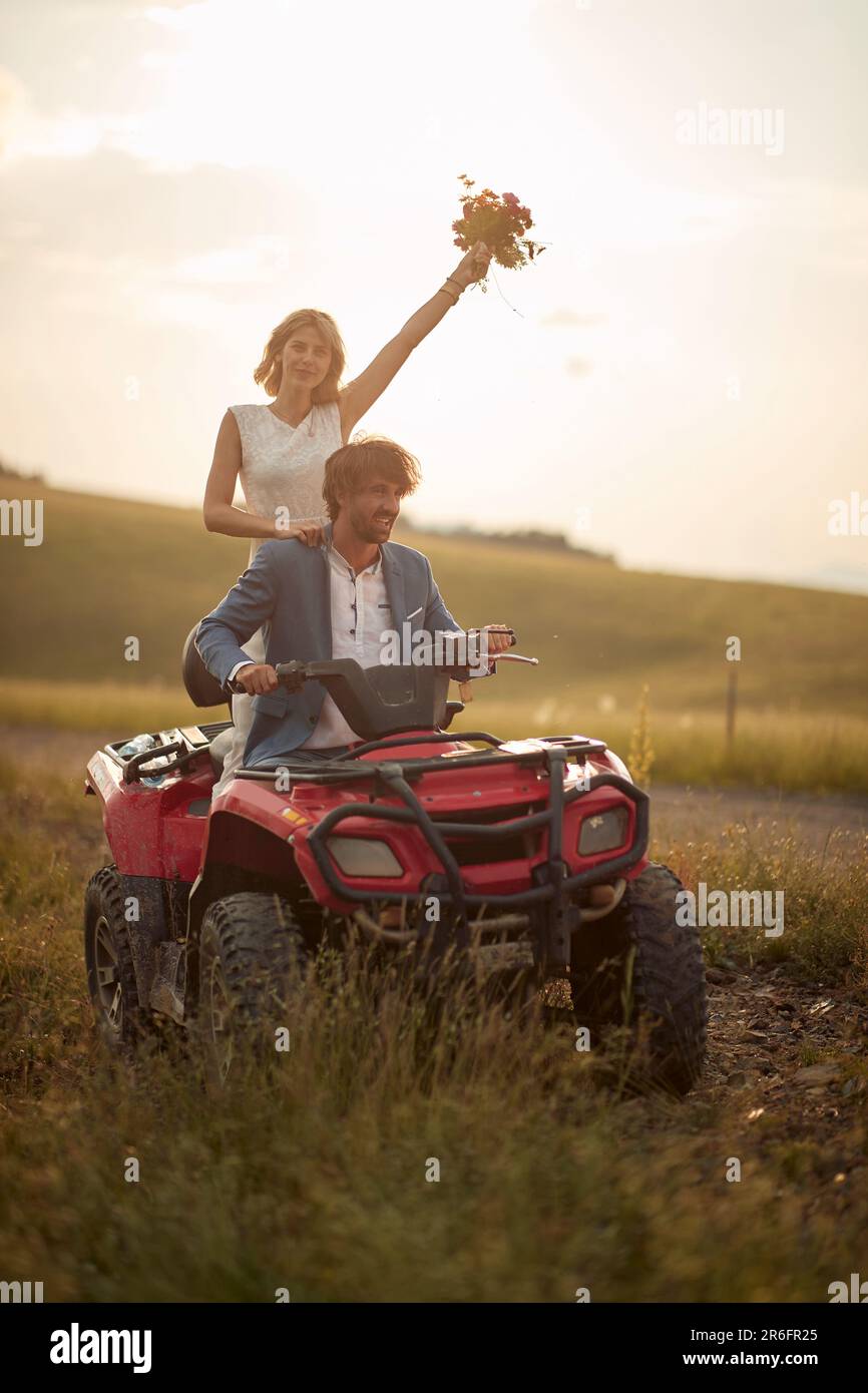 Happy couple in love wedding in nature. romantic adventure man and ...