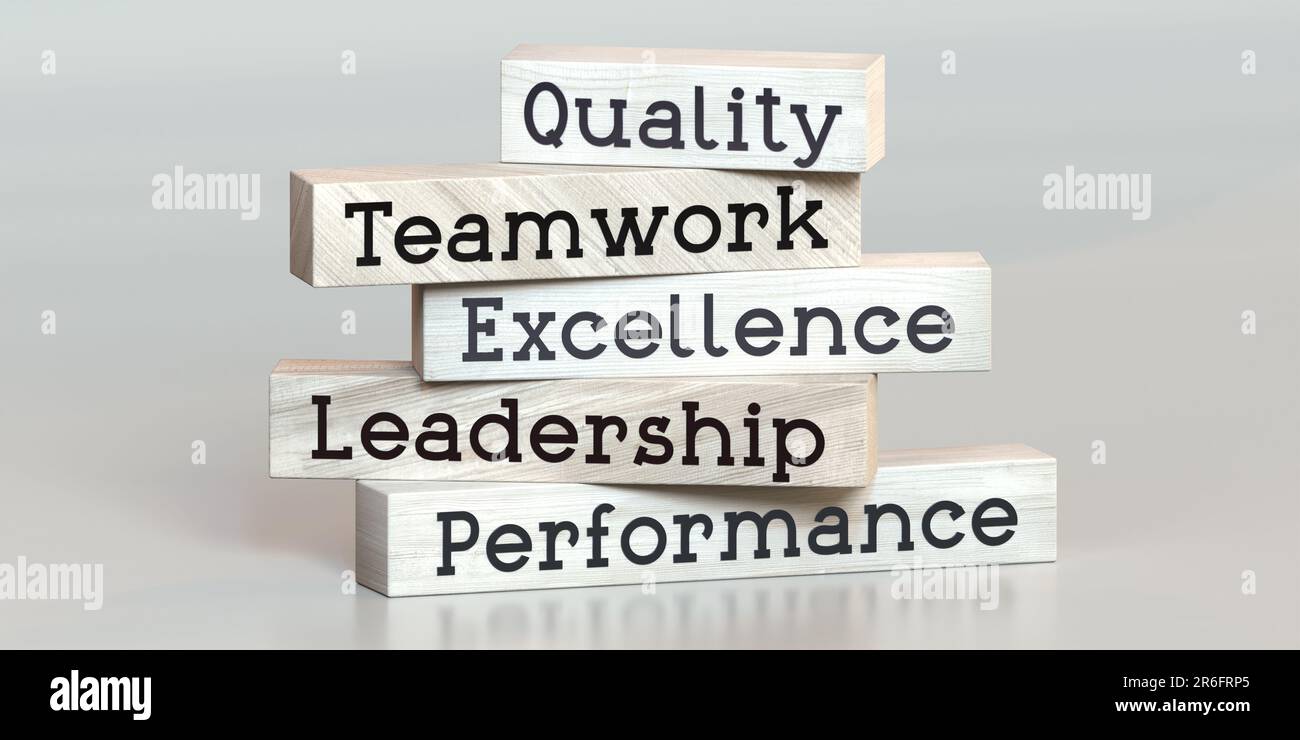 Quality, teamwork, excellence, leadership, performance - words on ...
