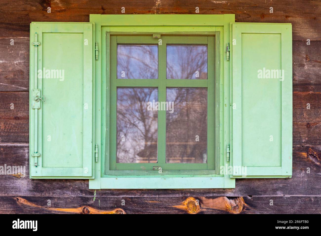 Open Shutters Green Window at Wooden Cabin Stock Photo - Alamy