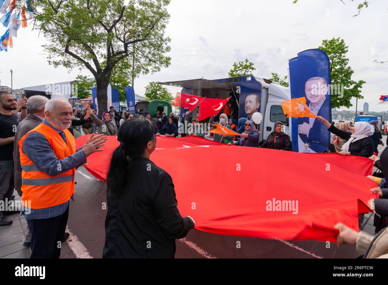 Istanbul, Turkey - May 3 2023: AK Party supporters waving a big Turkish ...