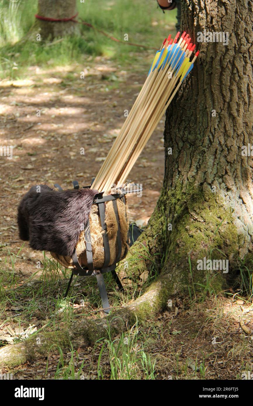 A Collection of Archery Arrows in a Metal Basket Stock Photo - Alamy
