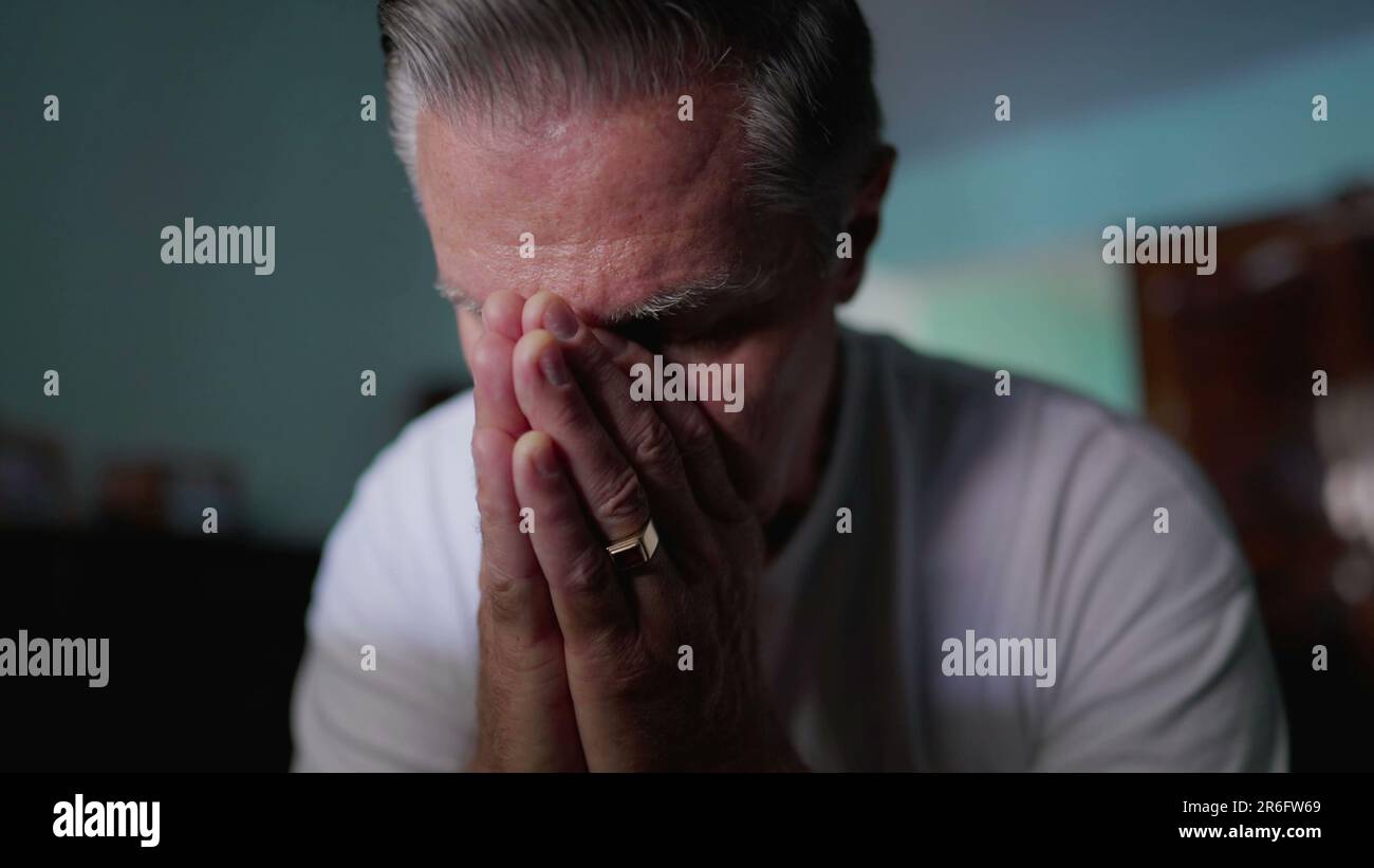 Depiction of Middle-Aged Man Covering Face in Shame, Displaying Despair ...