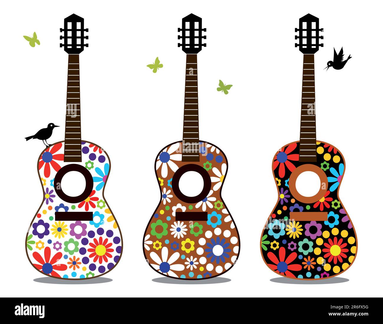 Three guitars with flowers on the white, colored music instruments, full scalable vector graphic ...