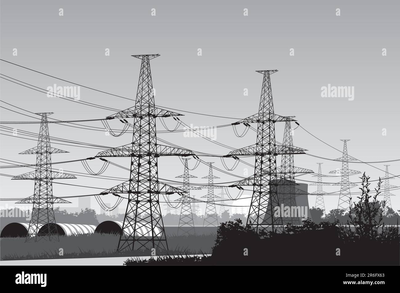 Vector illustration of electricity pylons. morning urban landscape ...