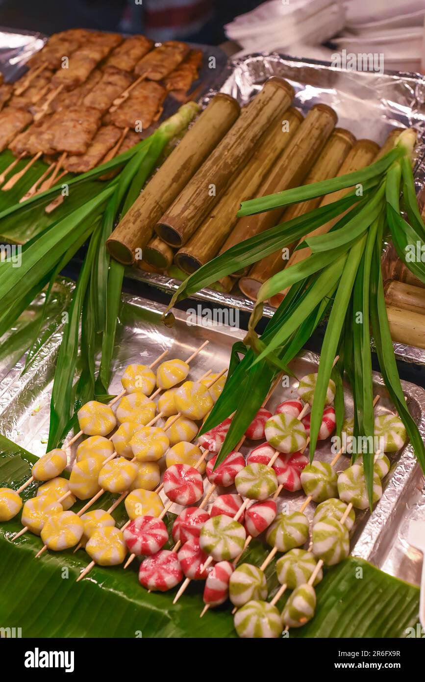 Many snacks and seafood in vietnamese night market in food festival ...
