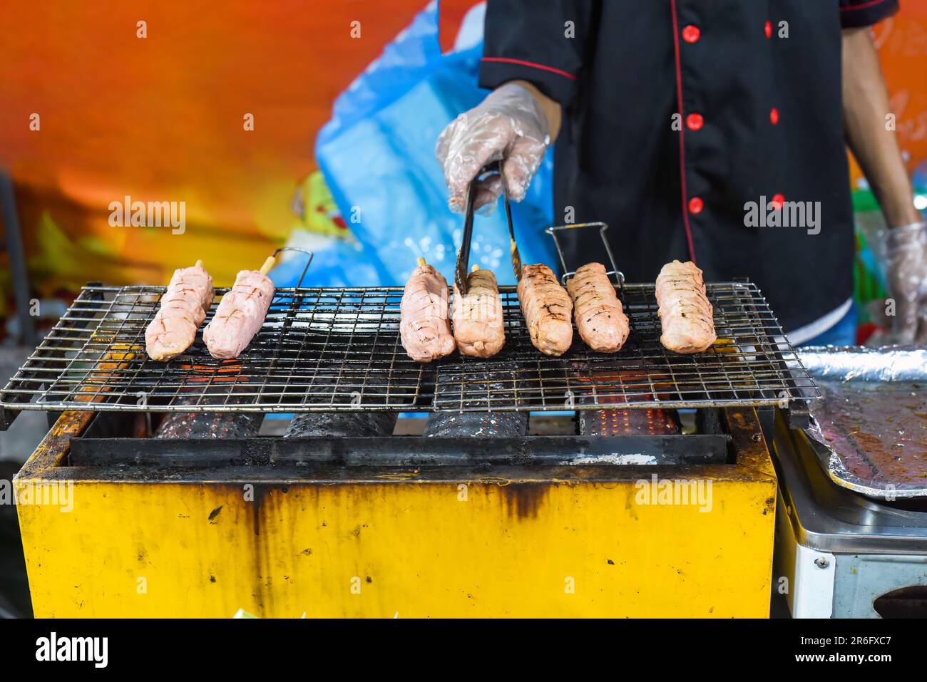 Many meat skewers kebab in vietnamese night market in food festival ...