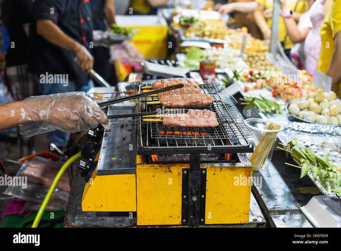 Many meat skewers kebab in vietnamese night market in food festival ...