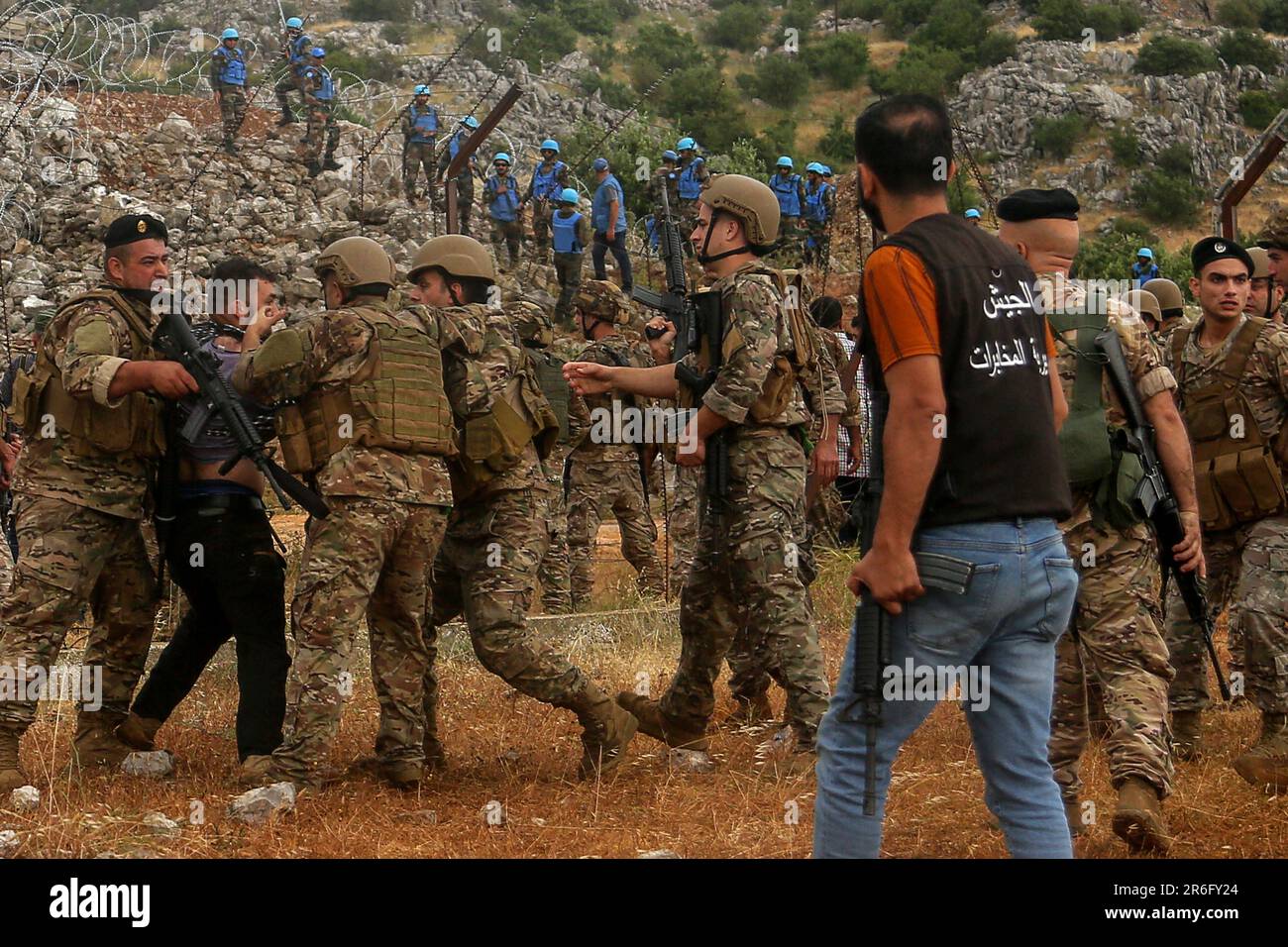 Kfarchouba, Lebanon. 09th June, 2023. Lebanese soldiers prevent a ...
