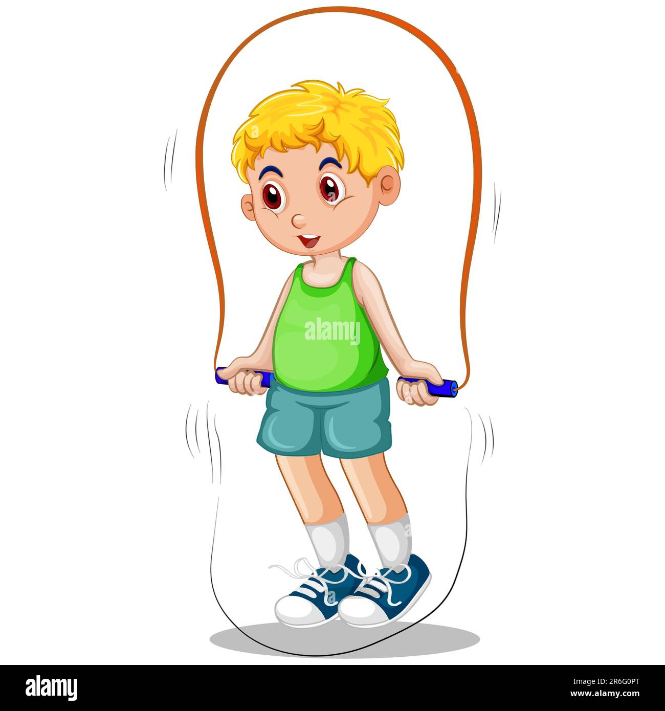 A cheerful young boy leaps into the air while skipping rope on a plain ...