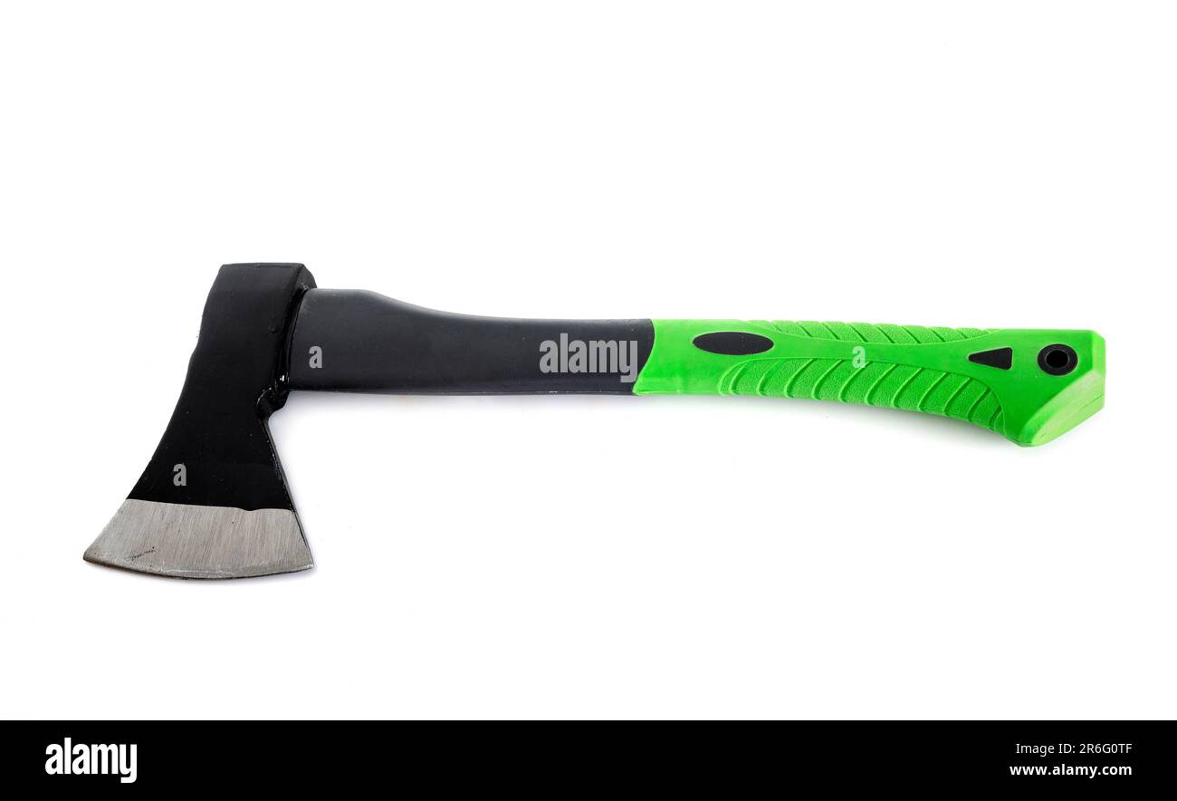 green hatchet in front of white background Stock Photo - Alamy