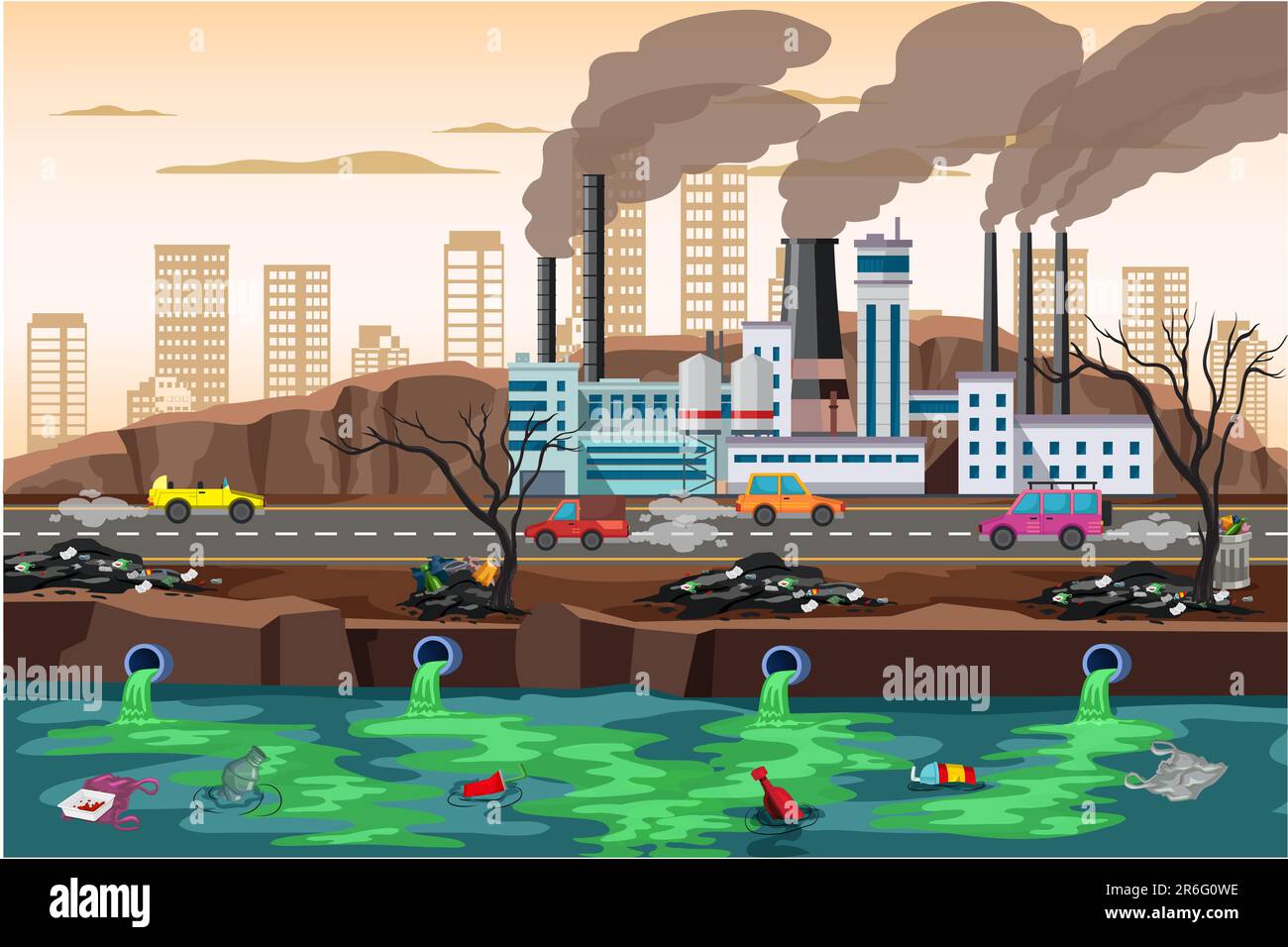 an illustration of a factory, emitting smoke into the air, water and ...