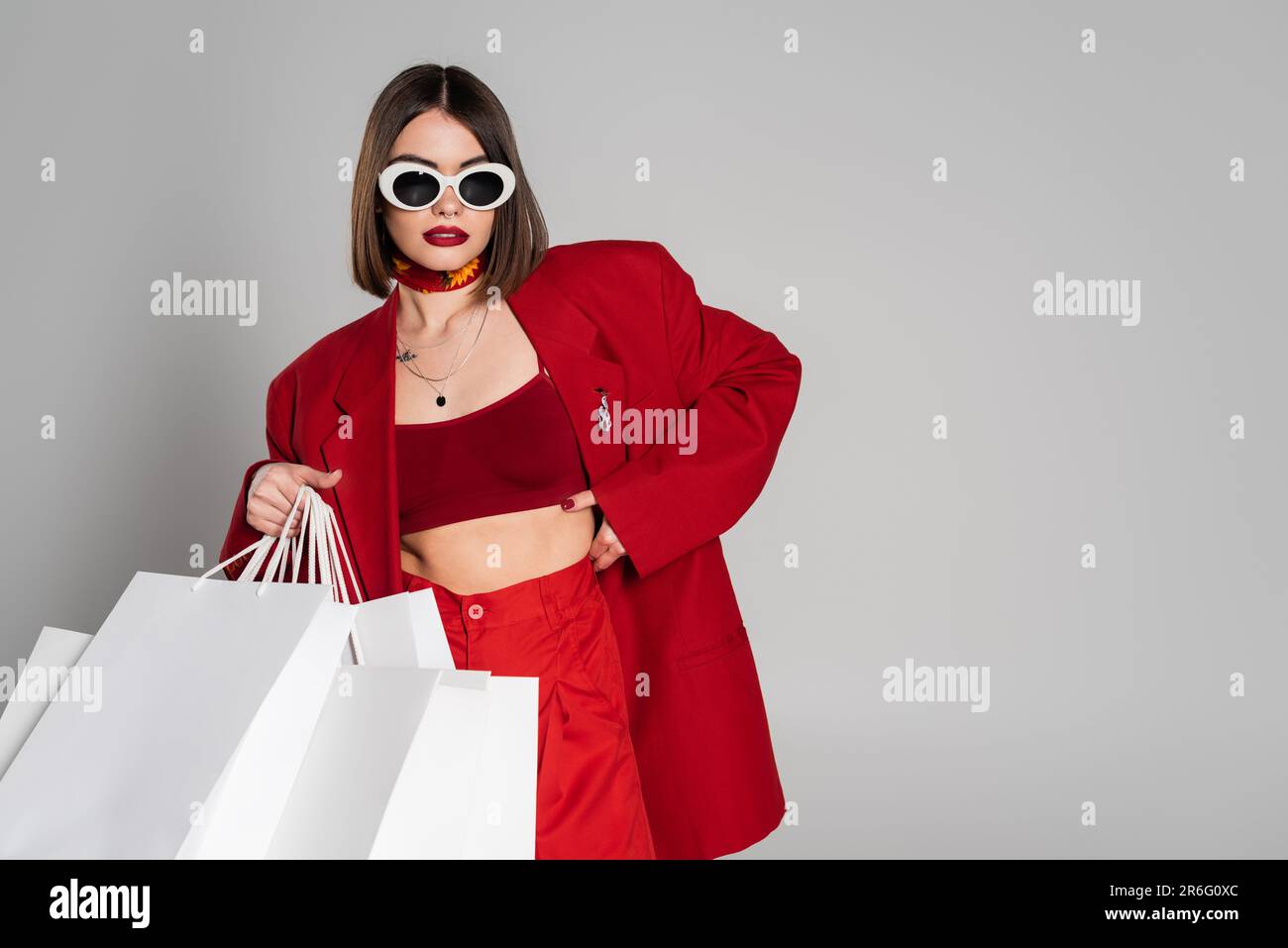 fashionable, generation z, young woman with brunette short hair and ...